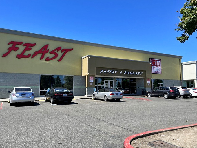The unassuming exterior of Feast Buffet hides a culinary treasure trove within. Like finding diamonds in a strip mall setting.