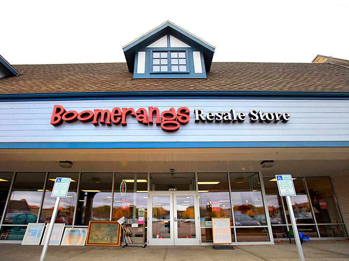 The Tudor-style exterior of Boomerangs beckons with its distinctive blue trim and red signage&mdash;a portal to bargain-hunting adventures within.
