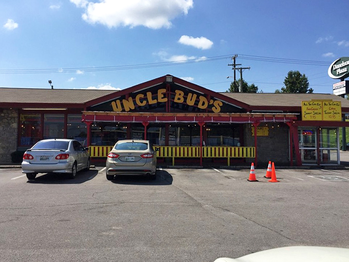 The unassuming exterior of Uncle Bud's might not win architectural awards, but that yellow sign promises treasures that fancy facades can't deliver.