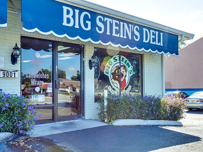 Welcome to sandwich paradise! Big Stein's Deli's cheery blue awning beckons like a siren song to hungry passersby. Resistance is futile, my friends.