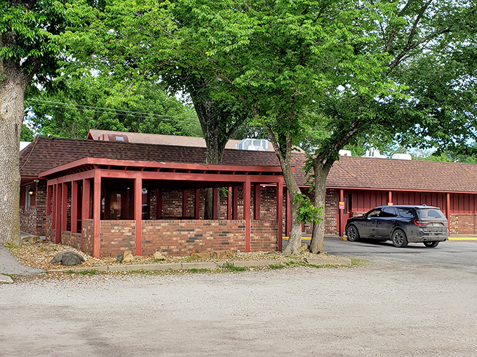 The unassuming brick exterior of Chicken Mary's&mdash;where culinary legends are born without architectural fanfare. Kansas knows true treasures don't need fancy facades.