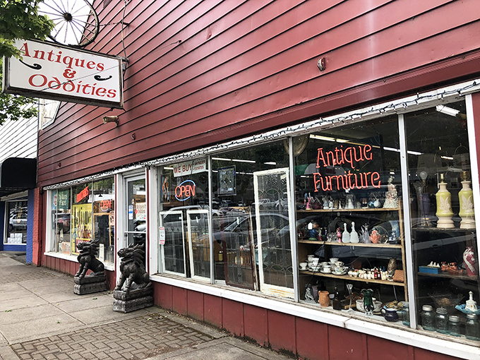 The wagon wheel above the storefront isn't just decoration&mdash;it's a time machine invitation to step back into a world where treasures await.