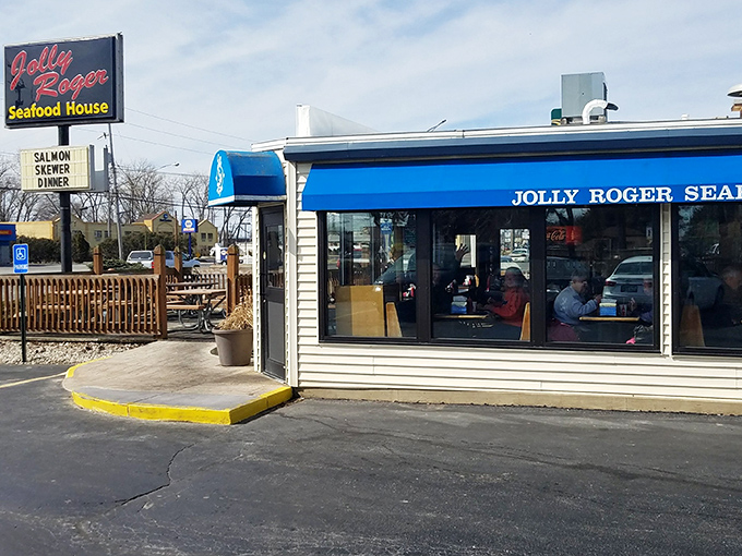 The unassuming exterior of Jolly Roger Seafood House&mdash;proof that the best treasures often hide behind the most modest facades. Lake Erie's culinary pirate ship awaits!