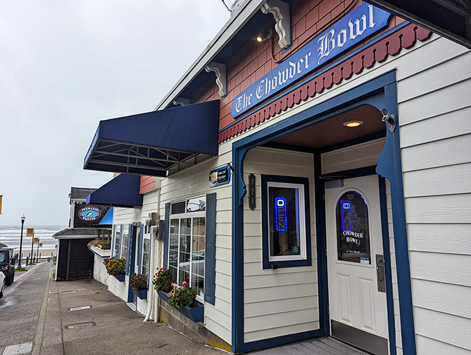 The quintessential Oregon coast welcome: blue skies, salty air, and the Chowder Bowl sign promising seafood that was swimming this morning.
