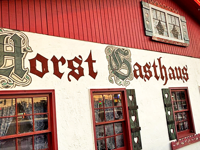 The red-trimmed fa&ccedil;ade of Horst Gasthaus stands out like a lederhosen at a beach party, complete with "Willkommen" sign inviting hungry travelers inside.