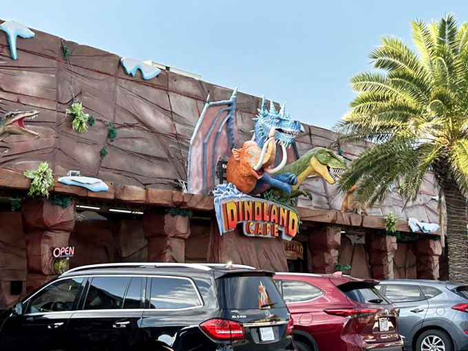 The exterior of DinoLand Cafe looks like Fred Flintstone's architect got a degree and went upscale. Those faux rock walls practically scream "prehistoric fine dining!"
