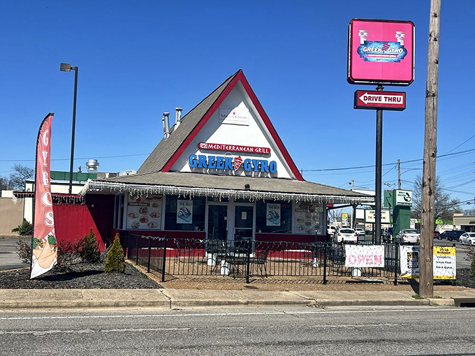 The distinctive A-frame building of Greek Gyros stands like a Mediterranean beacon in Murfreesboro, complete with outdoor seating for those perfect Tennessee evenings.
