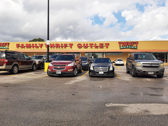 The iconic red lettering of Family Thrift Center Outlet stands bold against the Houston sky, like a beacon calling all treasure hunters to adventure.