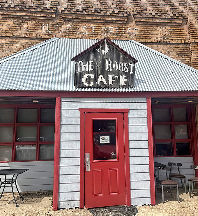 The blue exterior and iconic red door of The Roost Cafe stand as a beacon of hope for hungry travelers in Eustace. Small-town charm at its finest!