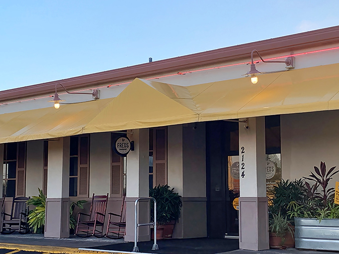 The unassuming yellow exterior of Fred's Market Restaurant hides a Southern food paradise within. Those rocking chairs aren't just for show&mdash;they're recovery zones between helpings.