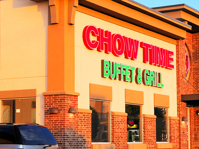The brick facade of Chow Time beckons like a siren song to hungry travelers. No fancy frills needed when what's inside matters most.