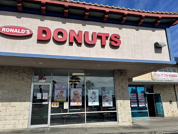Welcome to donut nirvana! Ronald's Donuts stands proud, its sign a beacon of hope for sugar-starved souls in the desert.