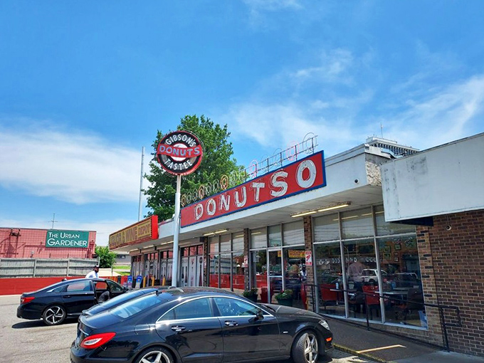 The iconic Gibson's sign stands like a beacon for donut lovers, promising sweet salvation beneath those bold red letters stretching across the Memphis skyline. 
