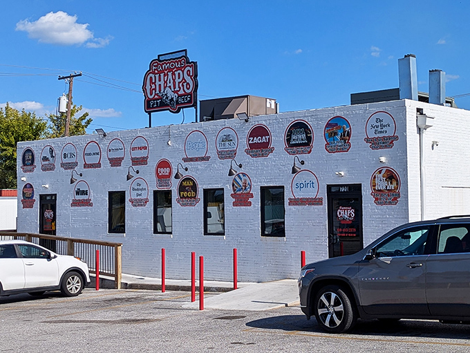 The wall of fame doesn't lie. Chaps Pit Beef's exterior showcases its culinary credentials like a barbecue hall of fame inductee.