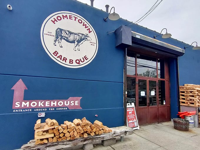 The unmistakable exterior of barbecue paradise, complete with that massive smoker that's practically a Brooklyn landmark. Meat magic happens here.