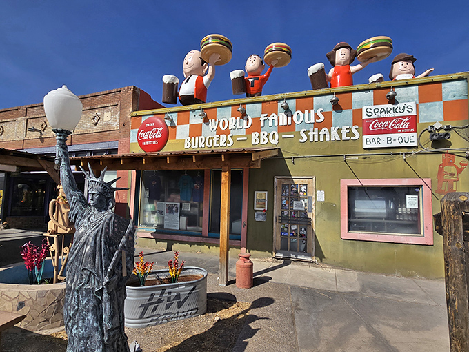 Roadside Americana at its finest! Vintage signs and colorful dinosaurs announce that this isn't your average small-town eatery&mdash;it's a full-blown experience.