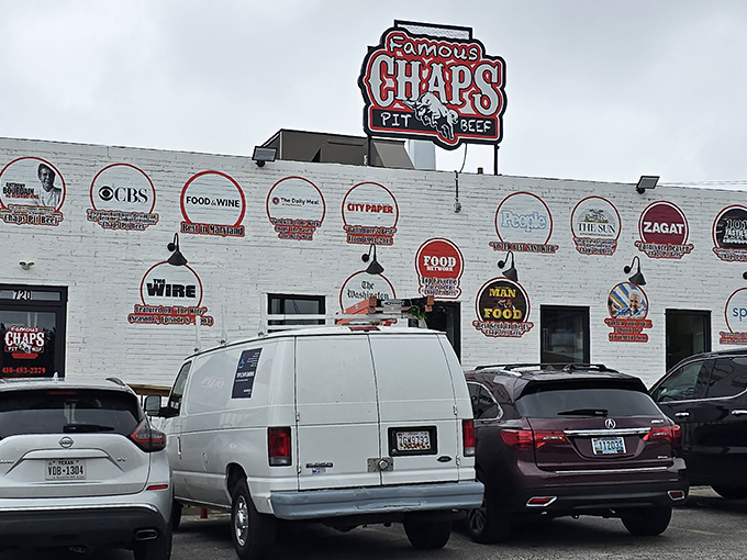 The wall of fame doesn't lie. Chaps Pit Beef's exterior showcases its culinary credentials like a barbecue hall of fame inductee.