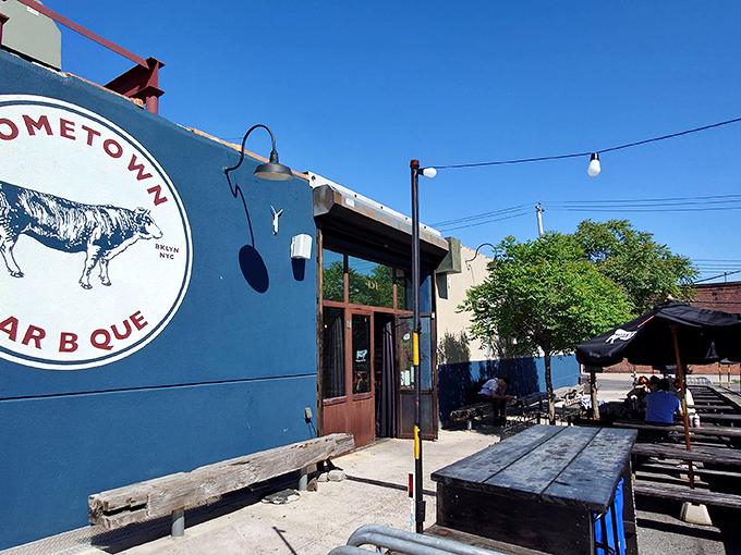 The unmistakable exterior of barbecue paradise, complete with that massive smoker that's practically a Brooklyn landmark. Meat magic happens here.
