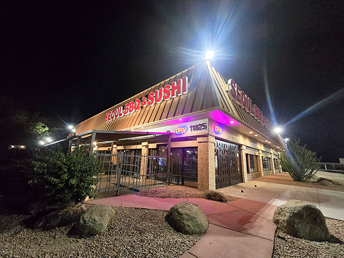 The bold red letters of Seoul BBQ & Sushi against the desert sky is like finding an oasis of flavor in Phoenix's beige landscape.