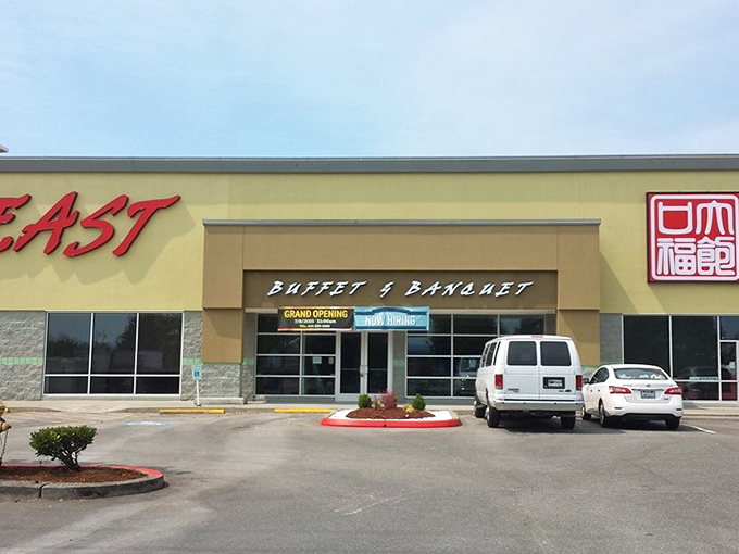 The unassuming exterior of Feast Buffet hides a culinary treasure trove within. Like finding diamonds in a strip mall setting.