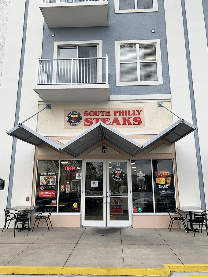 The bright red sign beckons like a lighthouse for the hungry&mdash;South Philly Steaks standing proud against Florida's sunny backdrop.