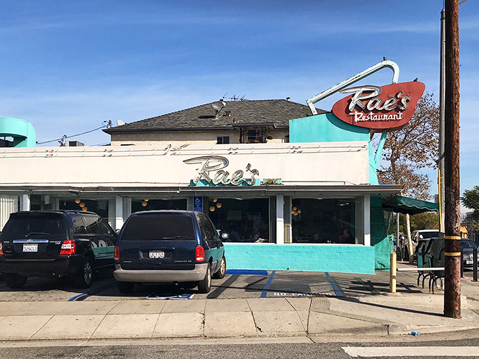 The turquoise-trimmed time capsule beckons with its vintage neon sign &ndash; a beacon of breakfast hope on Pico Boulevard where pancake dreams come true.