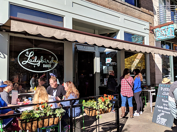 The turquoise chairs outside Ladybird Diner aren't just seating&mdash;they're an invitation to slow down and savor life one pancake at a time.