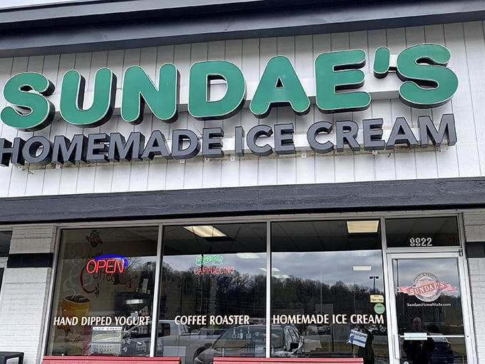 That teal sign isn't just advertising ice cream&mdash;it's a beacon of hope in a world of mediocre desserts. Sundae's unpretentious storefront promises homemade bliss waiting inside.