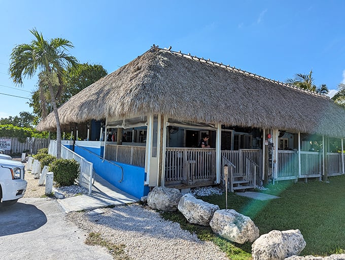 The thatched roof and blue ramp welcome you like an old friend. This is Florida Keys authenticity at its finest&mdash;no pretense, just promises of great food ahead.