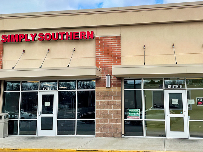 The bold red "SIMPLY SOUTHERN" sign beckons like a lighthouse for hungry souls wandering the Indianapolis suburbs. Southern comfort awaits inside this unassuming strip mall treasure.