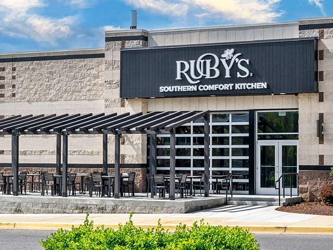 Ruby's modern exterior blends contemporary design with Southern hospitality. The inviting patio practically begs you to sit a spell and stay awhile.