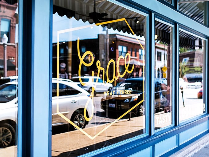 Gold script against blue windows announces "Grace" like an elegant invitation from a Southern friend who knows how to cook.