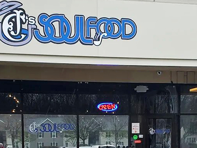The bright blue sign of CJ's Soul Food beckons like a neon promise of Southern comfort in suburban Westerville. No fancy frills needed when the food speaks this loudly.