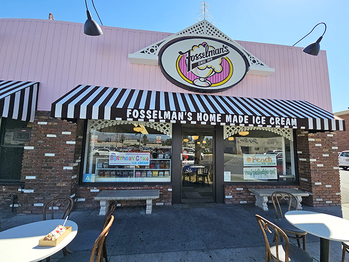 The brick exterior of Fosselman's stands like a time capsule on Main Street, complete with classic awning and outdoor seating for prime people-watching. 