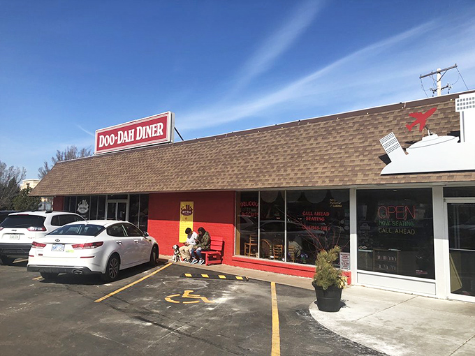 The unassuming red exterior of Doo-Dah Diner stands like a beacon of breakfast hope in Wichita. Don't let the simple facade fool you.