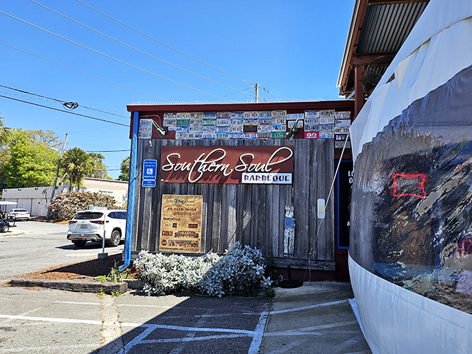 The pilgrimage begins here. Southern Soul's weathered exterior and license plate collection tell you immediately: this isn't just dinner, it's a destination. 