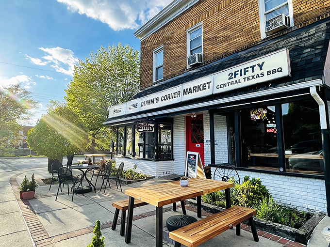 The brick facade of 2Fifty Texas BBQ stands like a barbecue beacon in Riverdale Park, with inviting picnic tables beckoning meat pilgrims from across Maryland.
