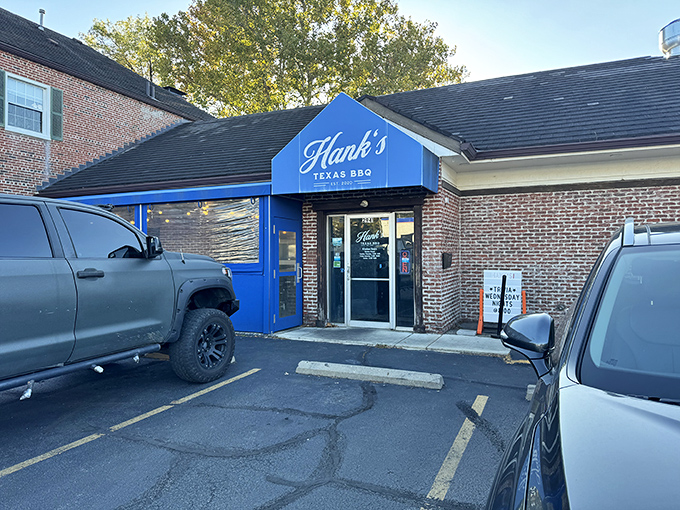 The blue awning of Hank's Texas BBQ beckons like a smoke signal to hungry Columbus residents. BBQ paradise hides in plain sight.
