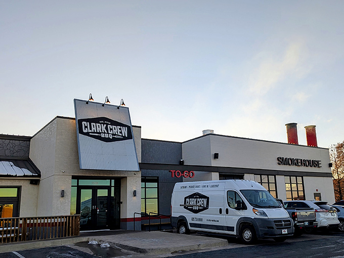 The unassuming exterior of Clark Crew BBQ houses barbecue treasures that would make even the most stoic Oklahoman weep with joy. Those twin smokestacks aren't just for show!