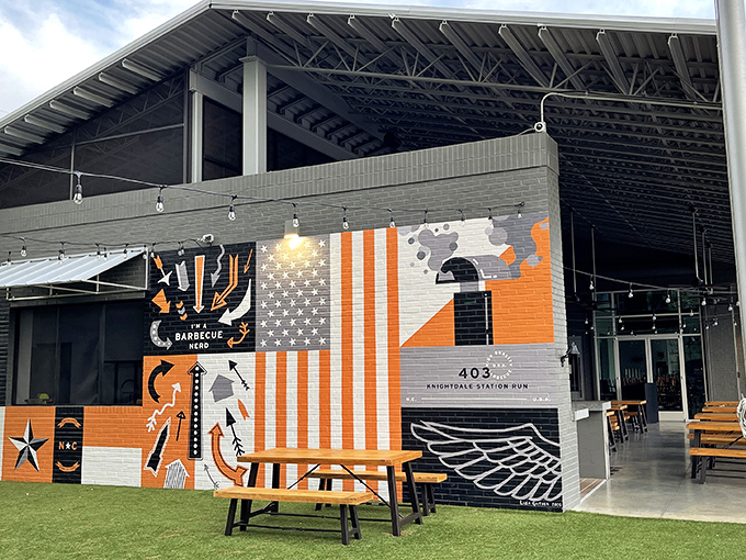 The modern facade of Prime Barbecue stands like a beacon of hope for hungry travelers, promising smoky delights within its contemporary walls.