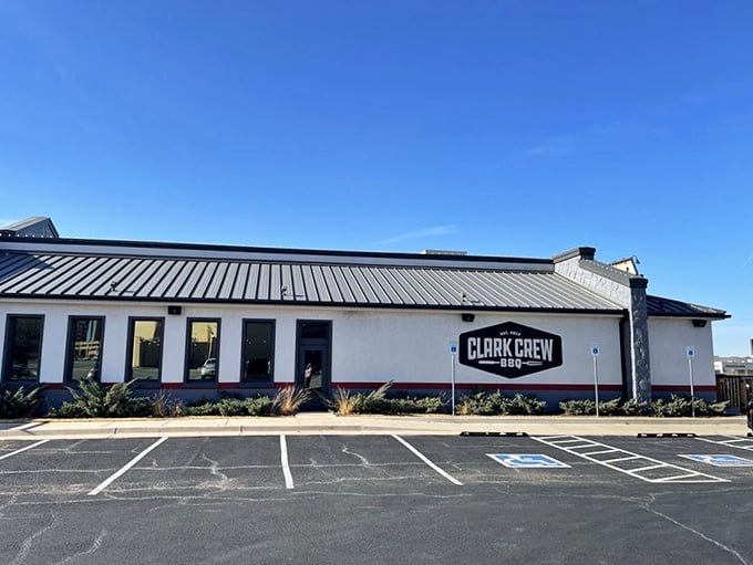 The unassuming exterior of Clark Crew BBQ houses barbecue treasures that would make even the most stoic Oklahoman weep with joy. Those twin smokestacks aren't just for show!