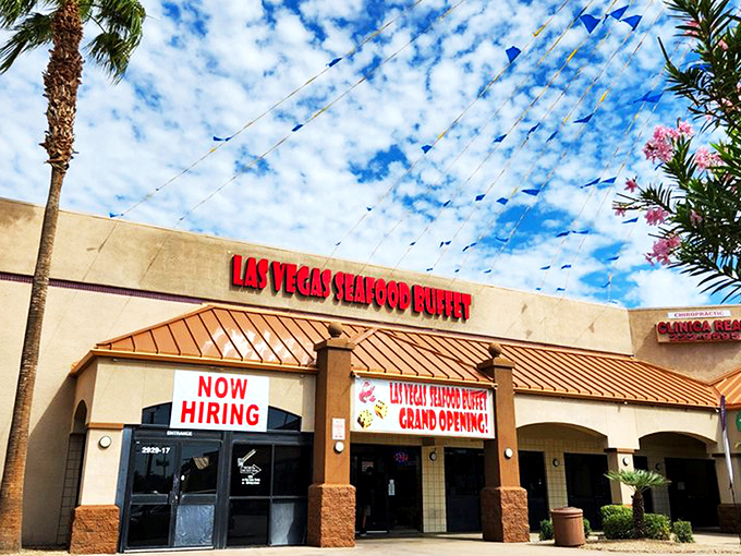 The desert's seafood mirage comes complete with festive flags that flutter like a maritime celebration in Phoenix's arid landscape. Who knew paradise had a "Now Hiring" sign?