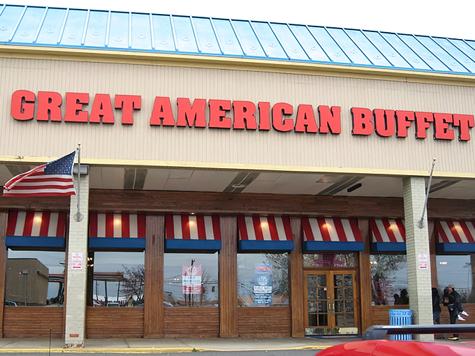 The red letters beckon like a lighthouse for the hungry. Great American Buffet's exterior promises what we all secretly want: permission to try everything on the menu.