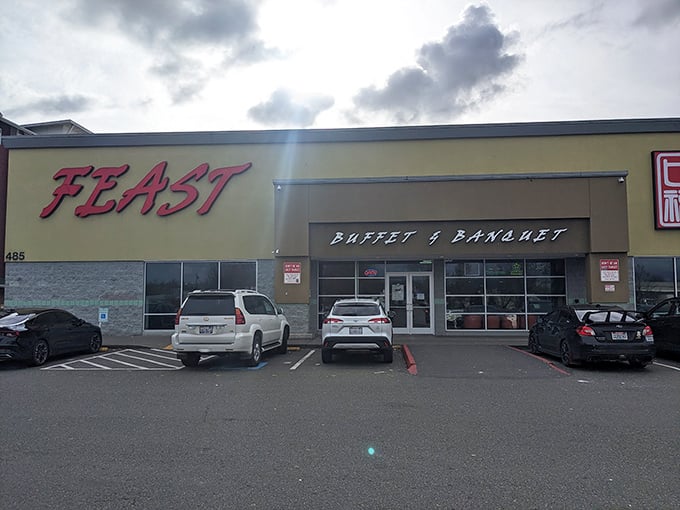 The unassuming exterior of Feast Buffet hides a culinary treasure trove within. Like finding diamonds in a strip mall setting.