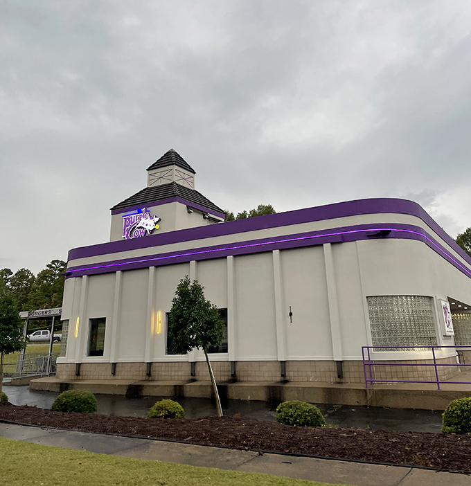 The streamlined Art Deco exterior of The Purple Cow stands like a time machine to the 1950s, promising nostalgic delights within its crisp white walls.