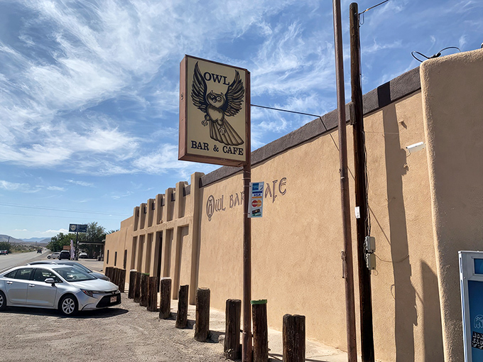 The unassuming adobe exterior of The Owl Bar & Cafe stands like a culinary mirage in tiny San Antonio, New Mexico. Burger pilgrims know: true greatness rarely advertises itself.