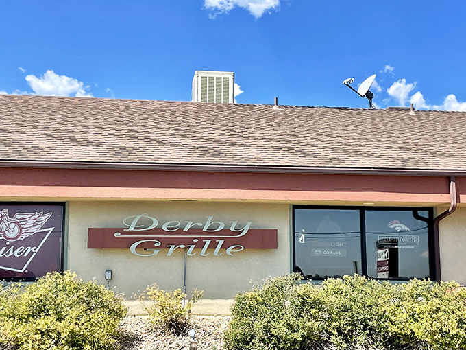 The Derby Grille stands ready for hungry visitors, with motorcycles lined up outside like dinner guests who couldn't wait to get a table. 