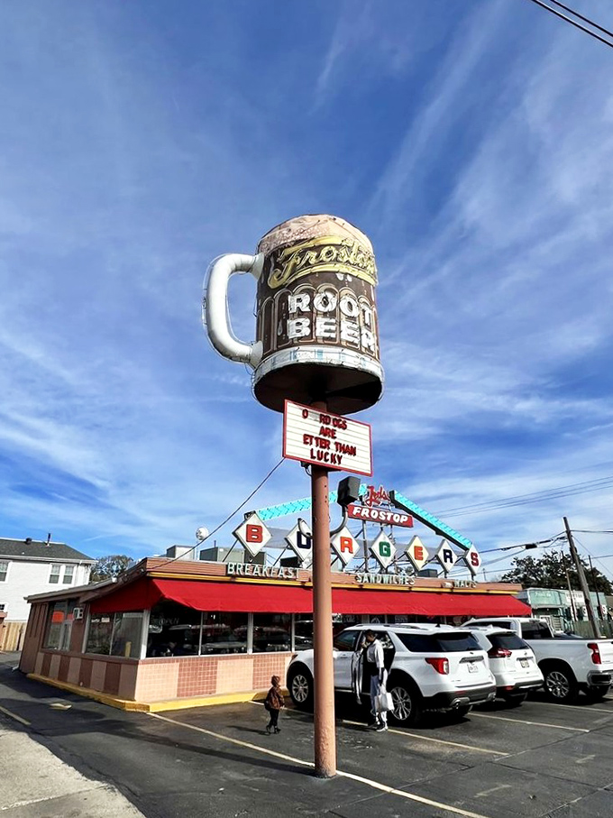 Giant root beer mugs and retro neon signs welcome you for a classic burger and a nostalgic, family-friendly dining experience.