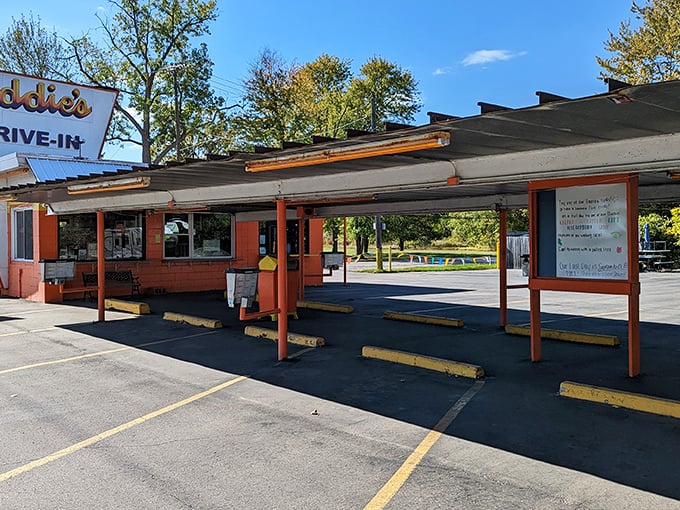 Eddie's iconic orange exterior isn't just a building&mdash;it's a time machine disguised as a drive-in, beckoning hungry travelers with its retro charm and promise of burger bliss.
