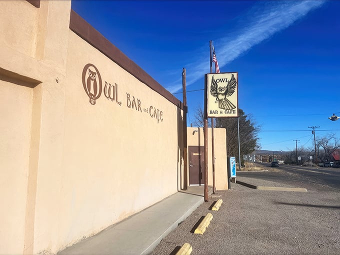The unassuming adobe exterior of The Owl Bar & Cafe stands like a culinary mirage in tiny San Antonio, New Mexico. Burger pilgrims know: true greatness rarely advertises itself.